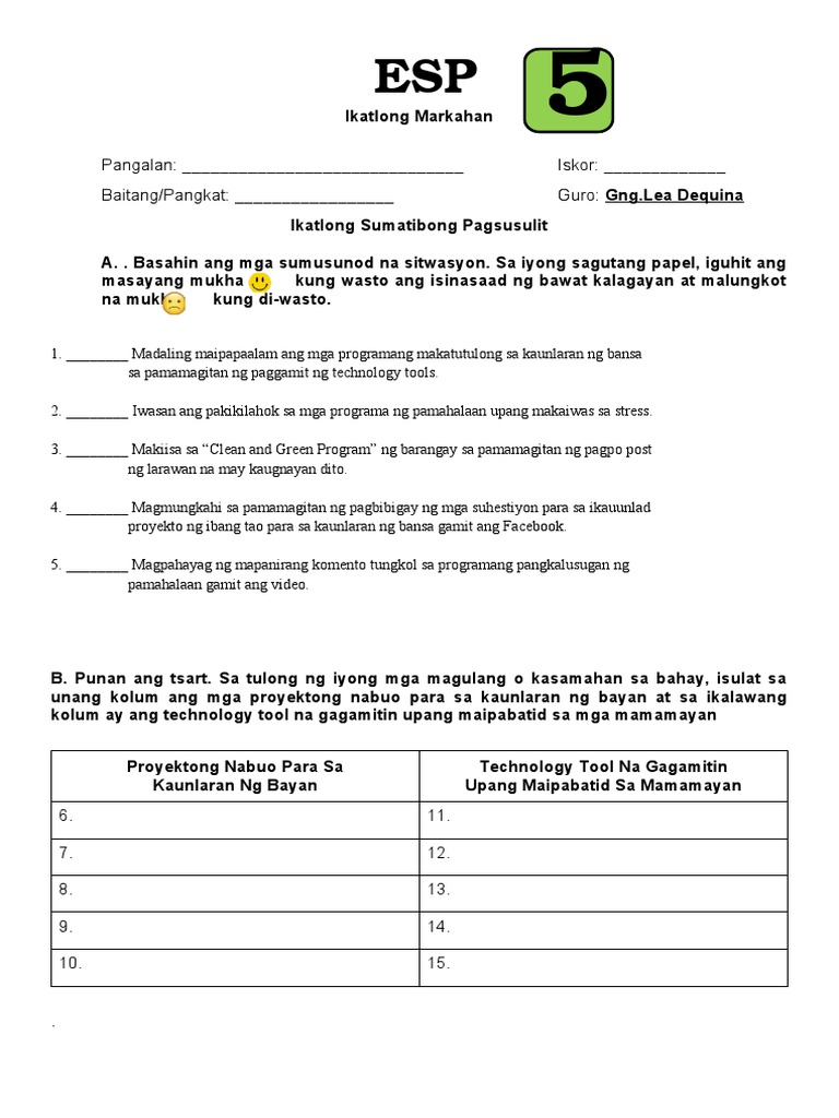 EsP 5 Summative Test 4 Q3 | PDF