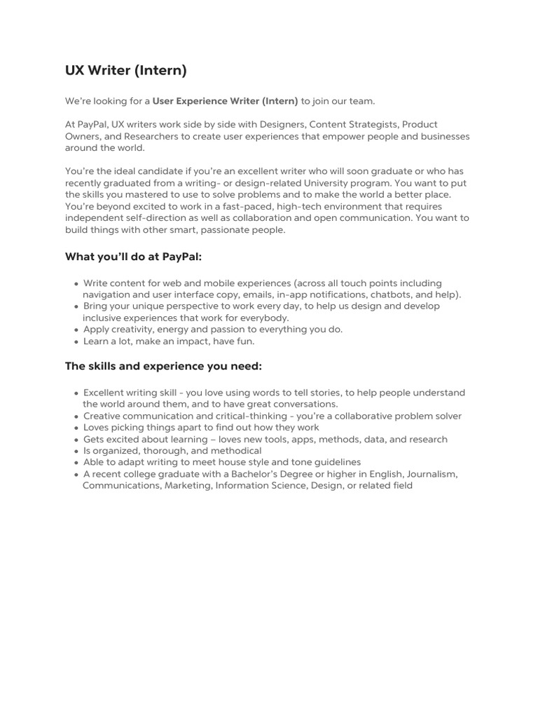 UX Writer Internship at PayPal | PDF | Career & Growth | Art