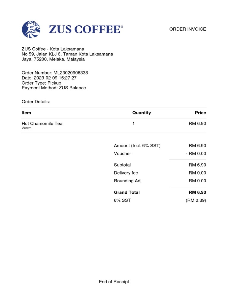 ZUS Coffee Order Invoice ML23020906338 | PDF