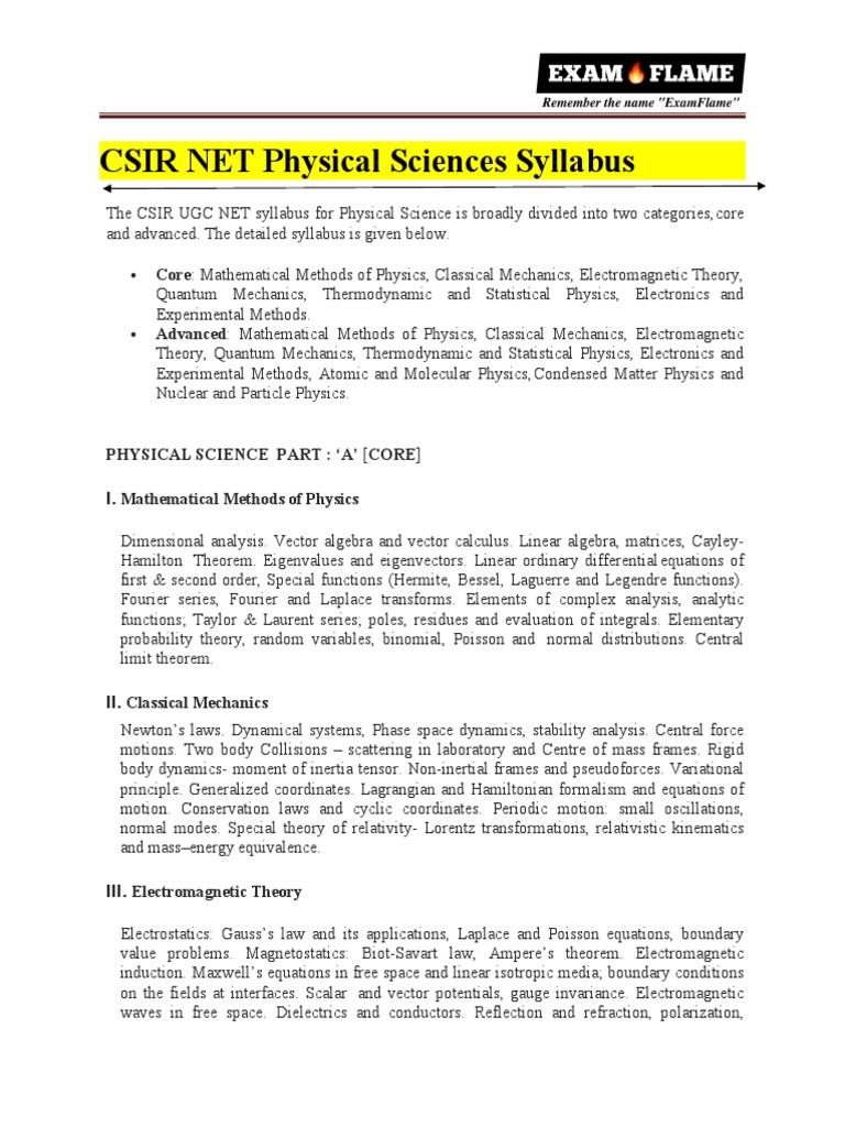 CSIR NET Physical Sciences Syllabus | PDF | Physics | Mathematical Physics