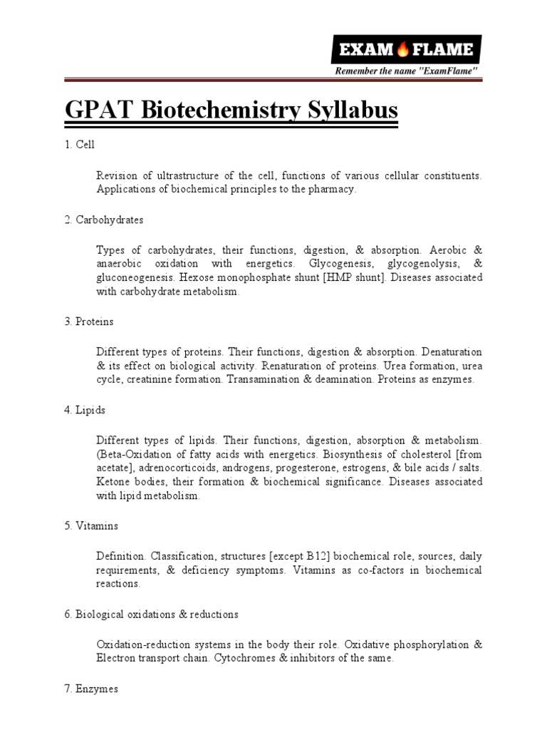 GPAT Biotechemistry Syllabus | PDF | Metabolism | Dna