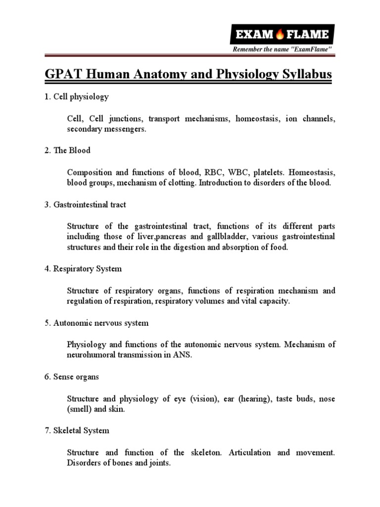 GPAT Human Anatomy and Physiology Syllabus | PDF