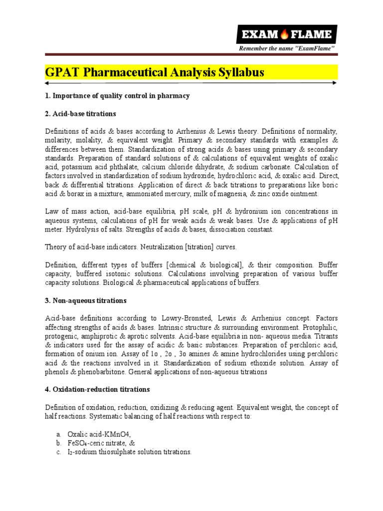 GPAT Pharmaceutical Analysis Syllabus | PDF | Nuclear Magnetic Resonance Spectroscopy | Acid