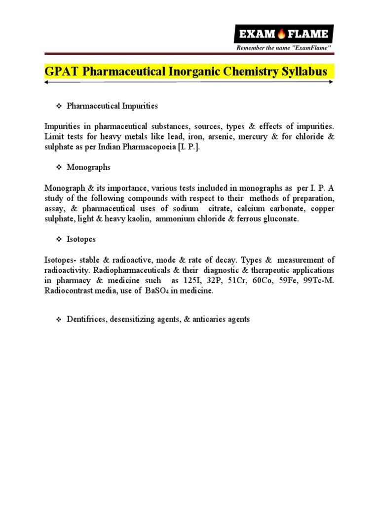 GPAT Syllabus: Pharmaceutical Inorganic Chemistry | PDF