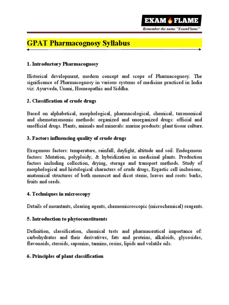 GPAT Pharmacognosy Syllabus Overview | PDF