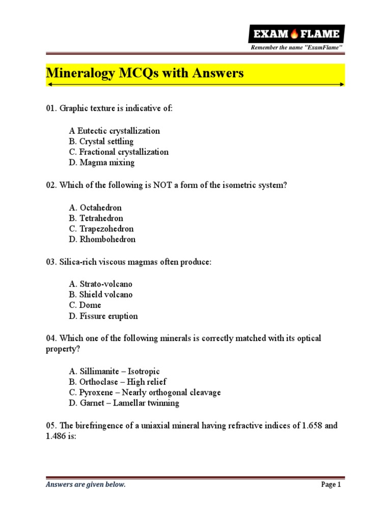 Mineralogy MCQs and Answers | PDF | Minerals | Geology