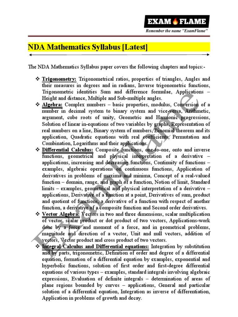 NDA Mathematics Syllabus | PDF | Function (Mathematics) | Equations
