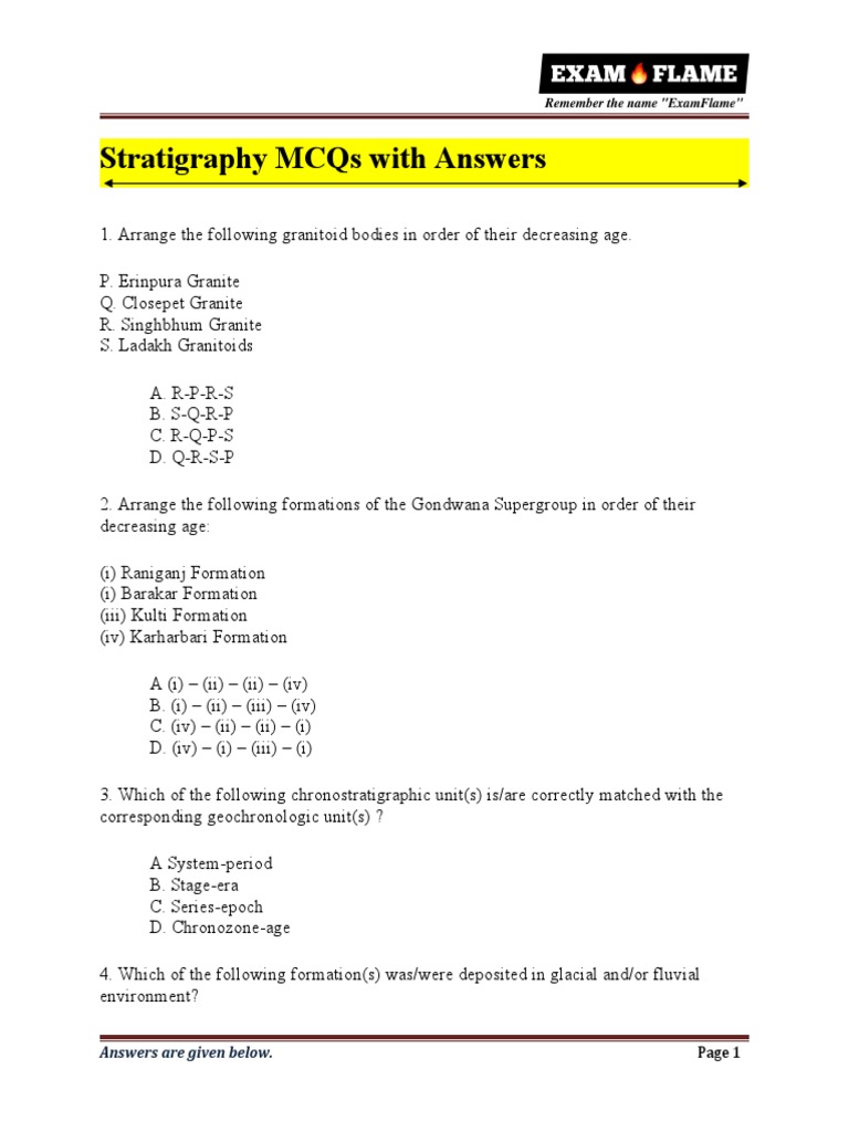 Stratigraphy MCQs with Answers | PDF | Geologic Time Scale | Geology