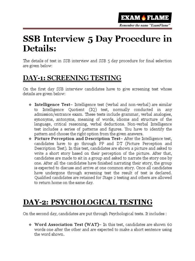 SSB Interview 5 Day Procedure in Details | PDF | Psychology | Cognition