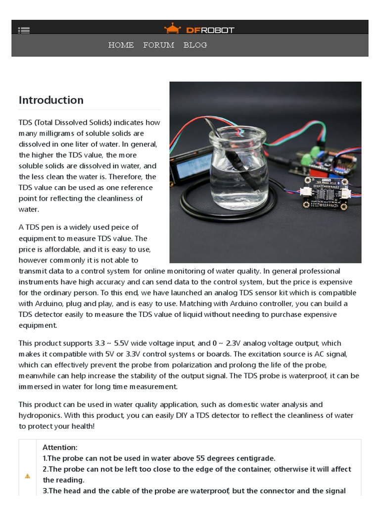Gravity Analog Tds Sensor Meter For Arduino Sku Sen0244 Dfrobot Pdf 