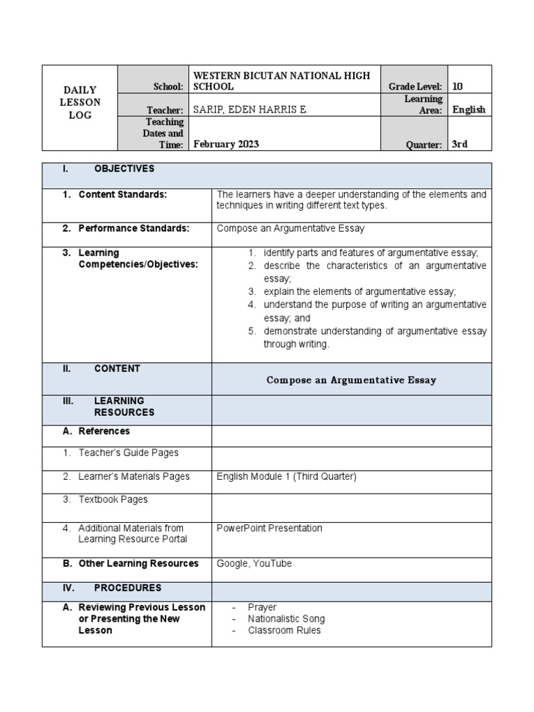 Argumentative Essay Lesson Plan | PDF | Argument | Essays