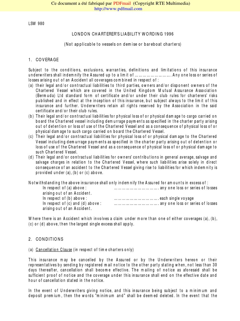 Charterers Liability RU 1996 | PDF | Insurance | Indemnity