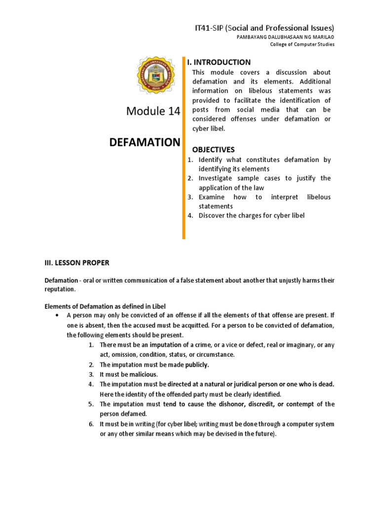 Sip Module 14 | PDF | Defamation | Criminal Law