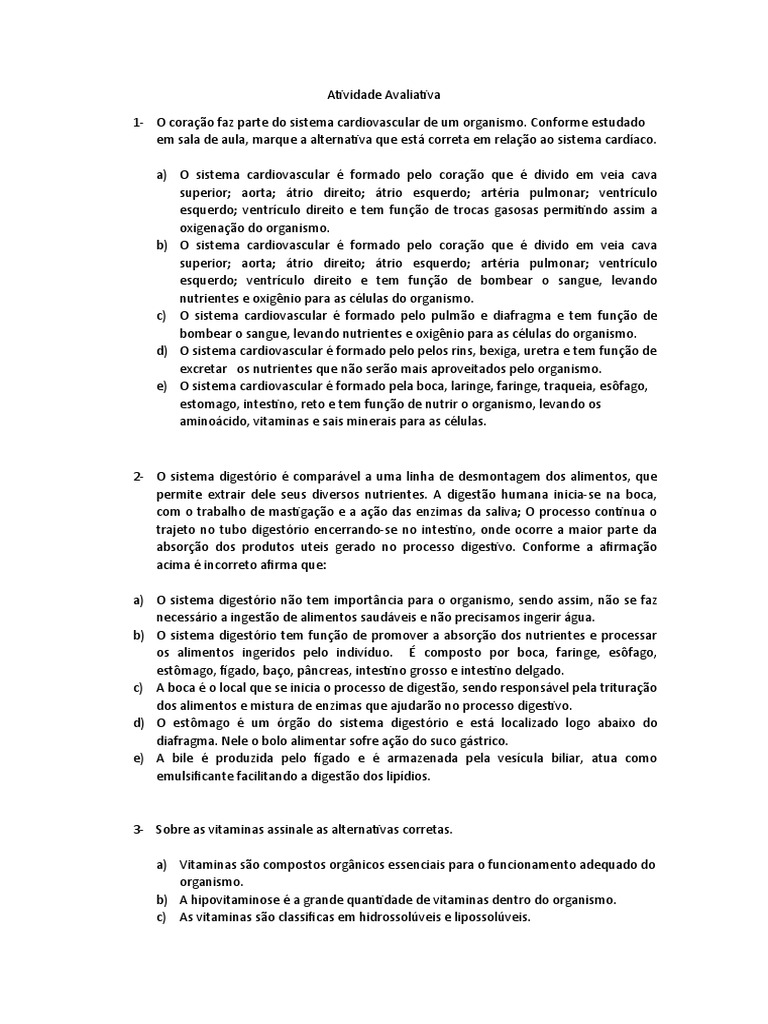 Atividade Avaliativa CETI | PDF | Sistema digestivo humano | Sistema respiratório