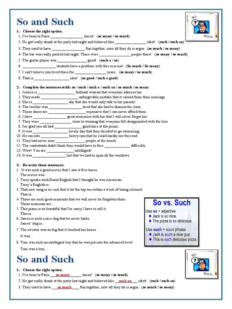 So and Such Practice Grammar Drills Information Gap Activities Sentence ...