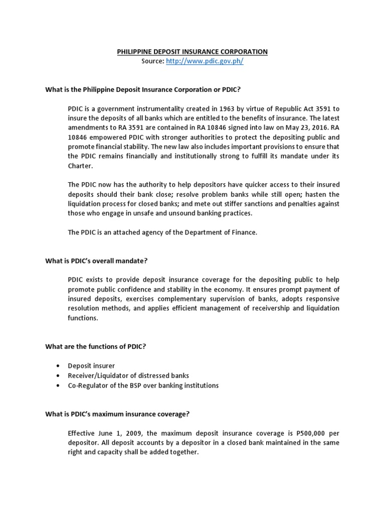 1.notes For PDIC | PDF | Banks | Deposit Insurance