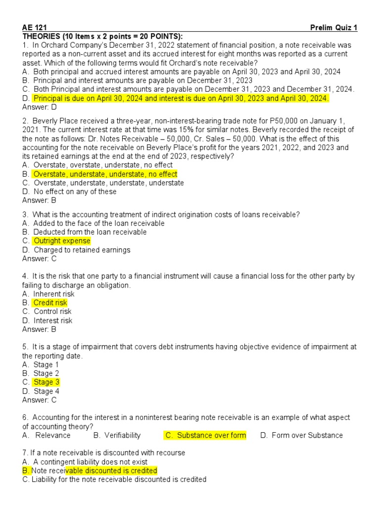 AE 121 Prelim Quiz 1 THEORIES (10 Items X 2 Points 20 POINTS) | PDF | Cost Of Goods Sold | Inventory