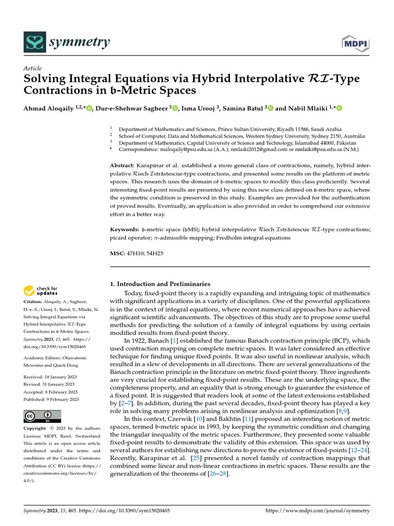 Symmetry 15 00465 | PDF | Integral Equation | Teaching Mathematics