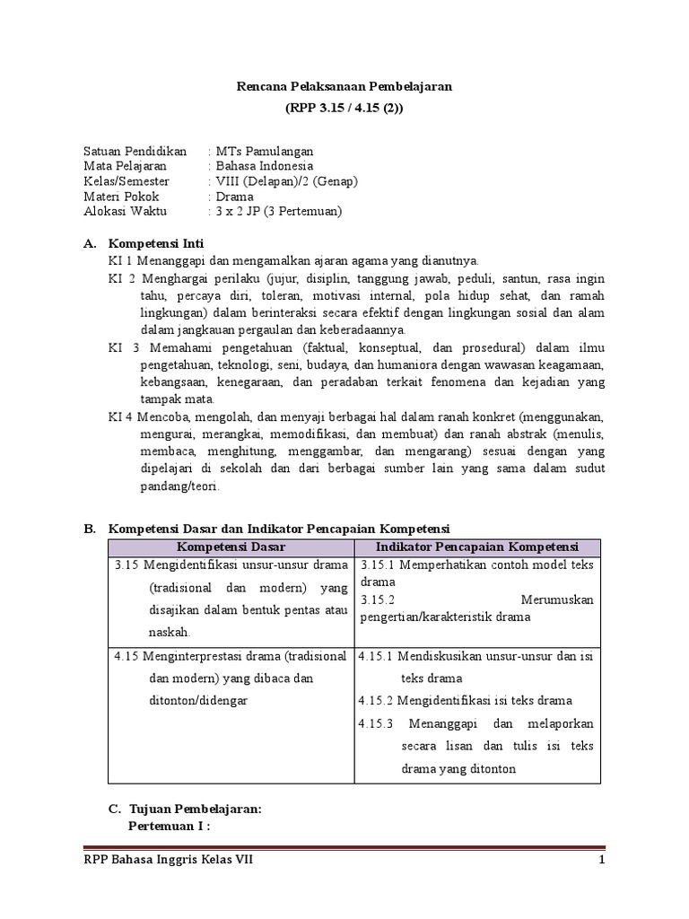 RPP 3.15 4.15 Drama Kelas Viii | PDF