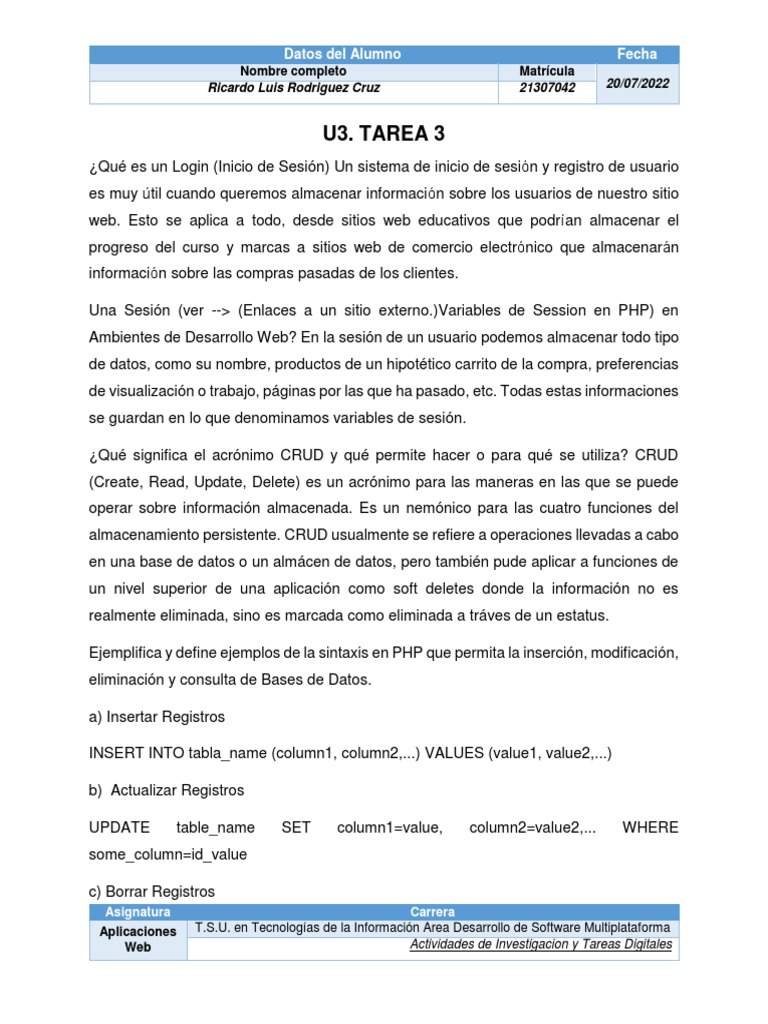 U3. Tarea 3 | PDF | Php | SQL