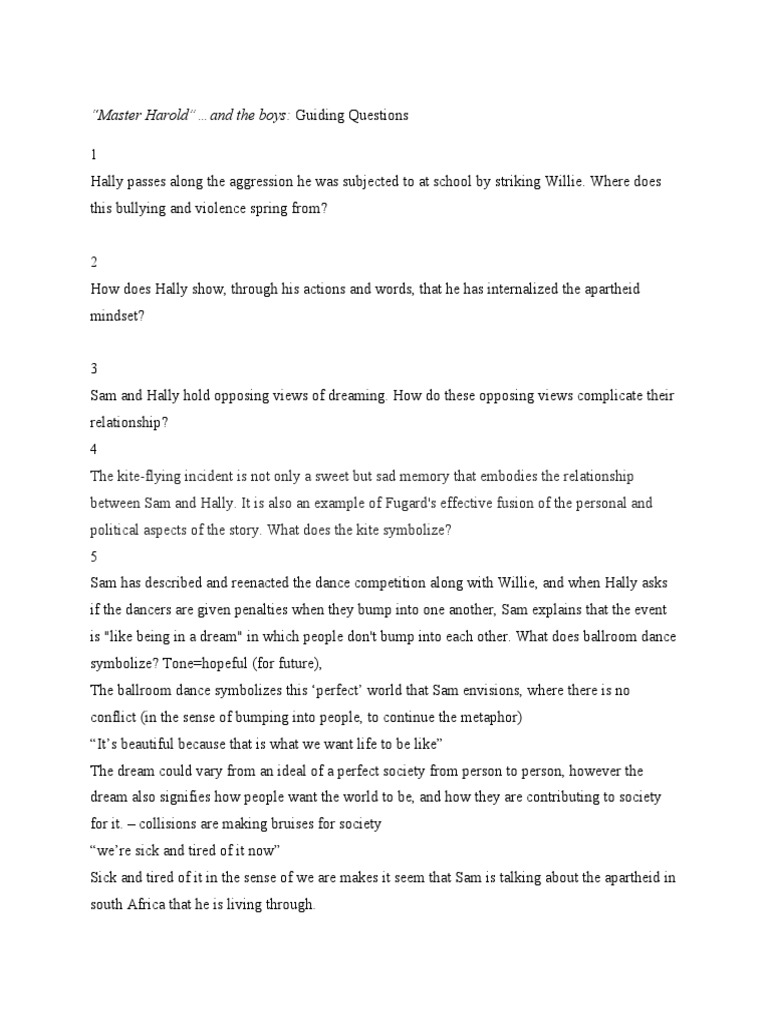 Guiding Questions for "Master Harold" | PDF
