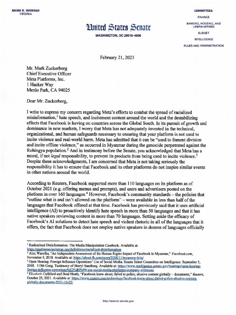 Letter To Meta From Sen. Warner | PDF