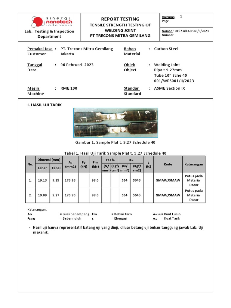 Report Uji Tarik Dan Bending | PDF | Gas Industri | Fisika Terapan dan ...