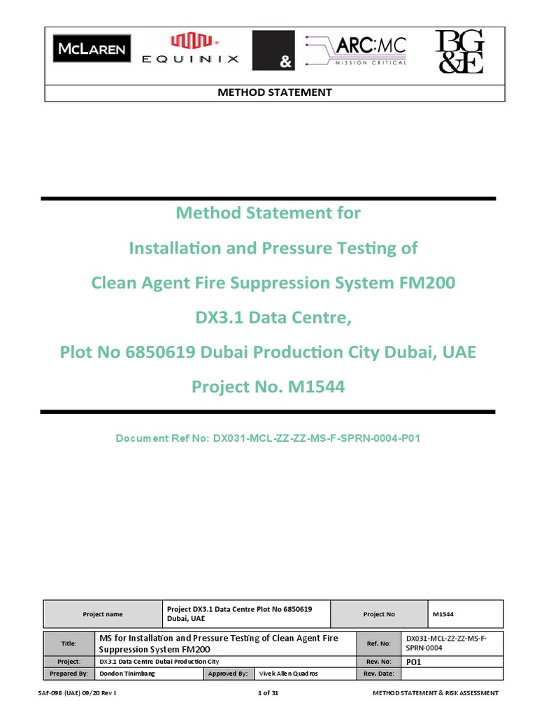 Installation and Pressure Testing of Clean Agent System FM200 | PDF ...
