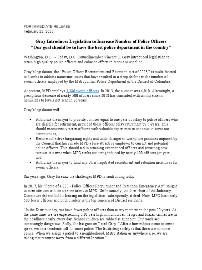 PRESS RELEASE: Vincent C. Gray Introduces Legislation To Increase ...
