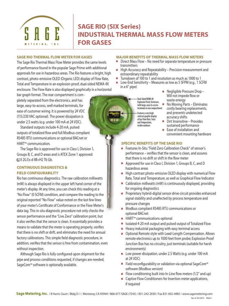 SAGE RIO (SIX Series) Industrial Thermal Mass Flow Meters For Gases ...
