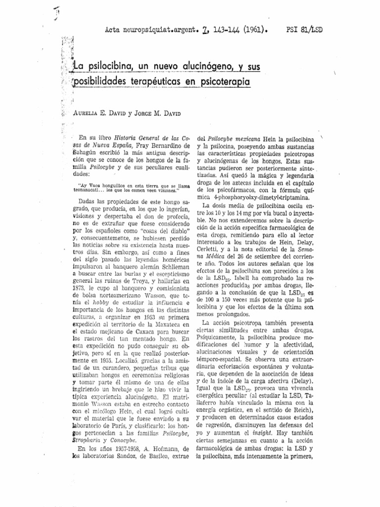 La Psilocibina, Un Nuevo Alucinógeno, y Sus Posibilidades Terapéuticas ... La Psilocibina, Un Nuevo Alucinógeno, y Sus Posibilidades Terapéuticas ...
