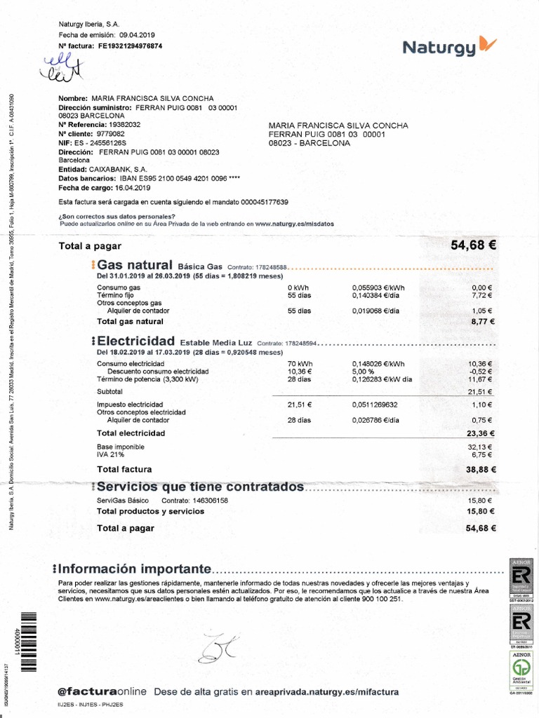 Factura de Gas y Electricidad Ferran I Puig 81 - 0001 | PDF | Gas ...