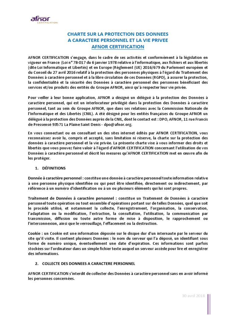 Charte RGPD d'AFNOR Certification | PDF | Cookie (informatique) | Internet