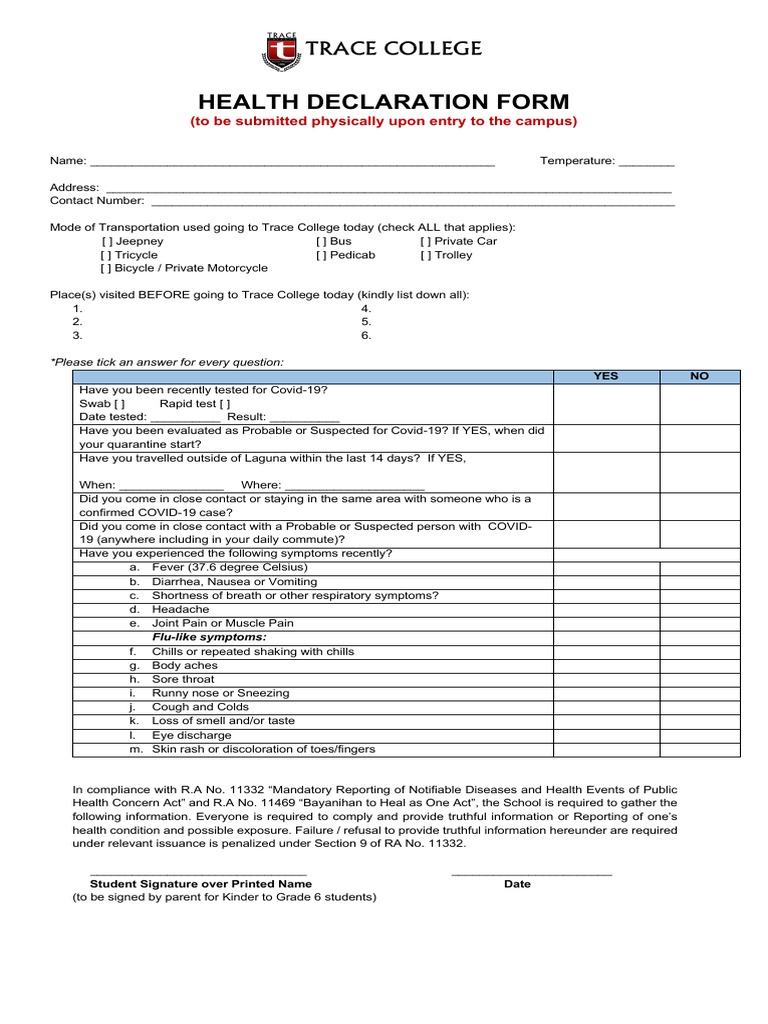 Student Health Declaration Form | PDF | Common Cold | Public Health