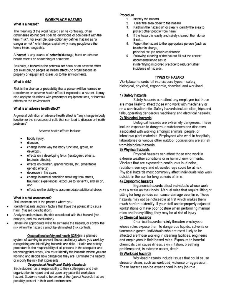 WORKPLACE HAZARD Handouts | Download Free PDF | Hazards | Risk