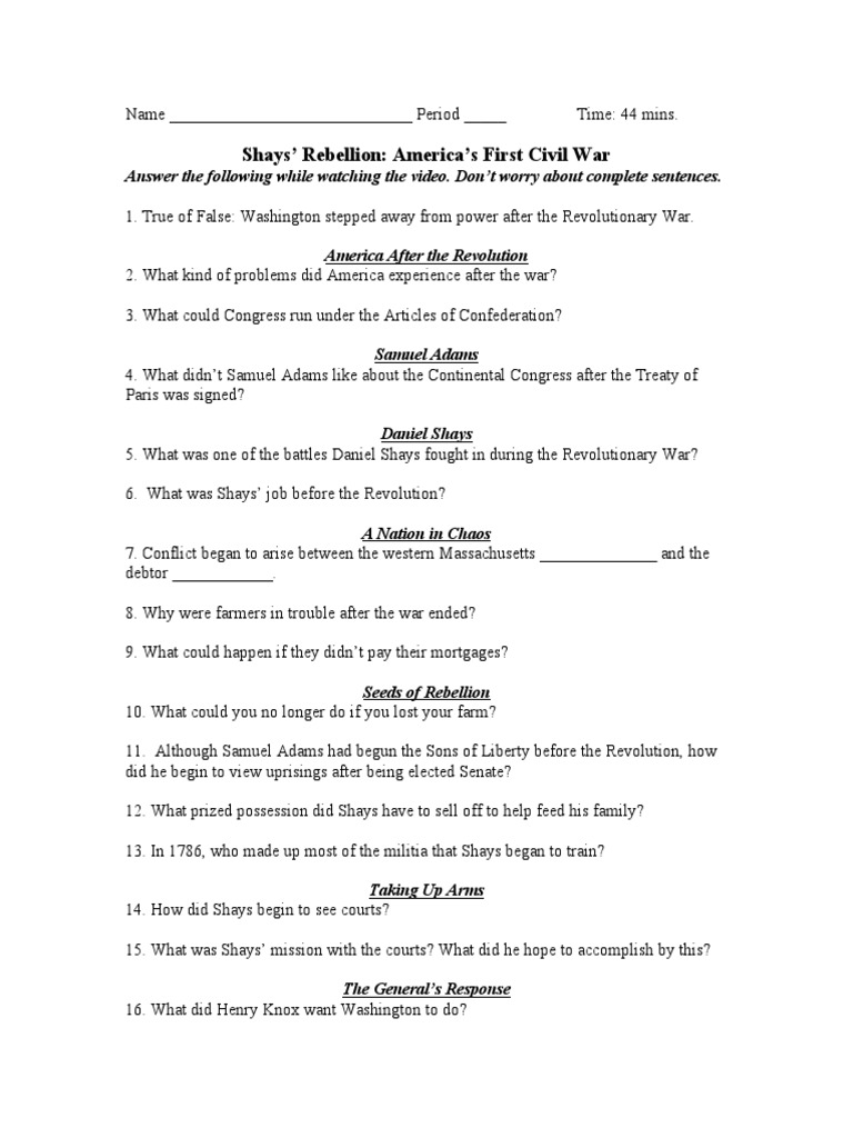 Shays Rebellion Video Sheet 2015 | Download Free PDF | George ...