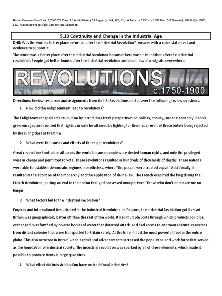 5.10 Continuity and Change in The Industrial Age Worksheet Questions ...