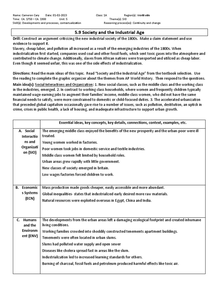 5.9 Society and The Industrial Age Worksheet Fillable | PDF | Poverty ...