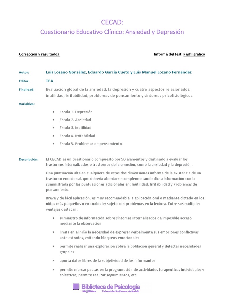 Cecad (Evaluación e Intervención) | PDF | Depresión (estado de ánimo) | Ansiedad