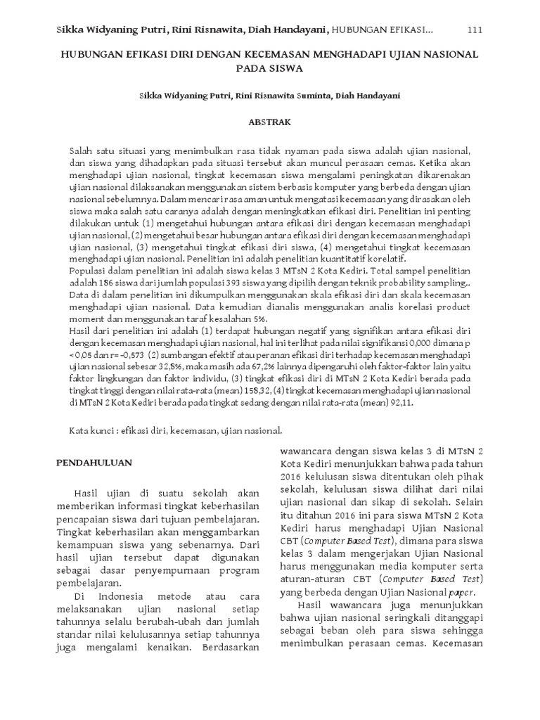 Hubungan Efikasi Diri Dengan Kecemasan Menghadapi Ujian Nasional Pada Siswa | PDF