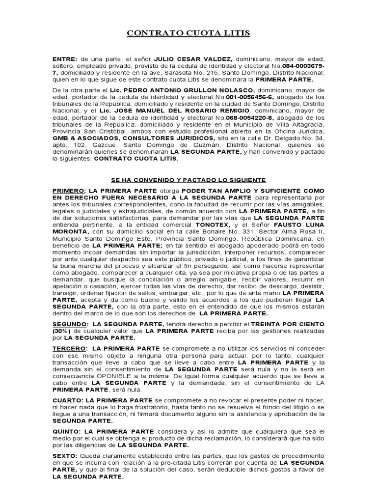 Contrato Cuota Litis | Descargar gratis PDF | República Dominicana ...