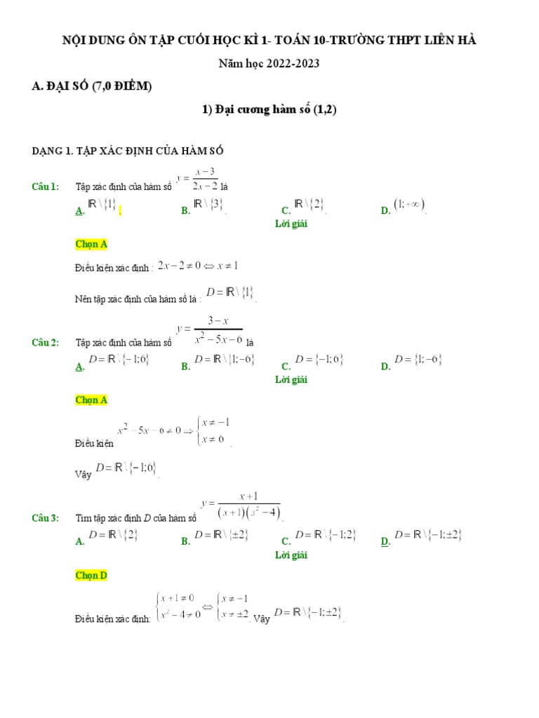 Ôn Toán 10 HK 1 Đáp Án | PDF