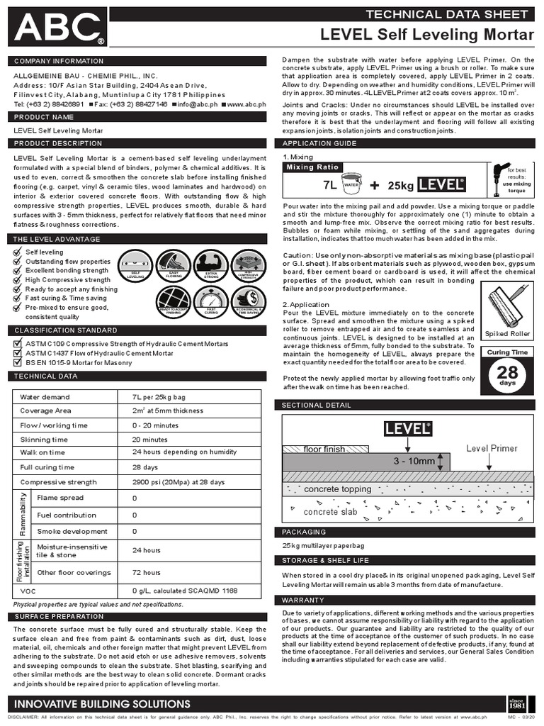 Level Self Leveling Mortar Technical Data Sheet 2020 | PDF | Flooring ...