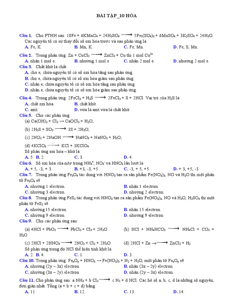 Bài tập phản ứng OXH Khử - 10 Hóa | PDF