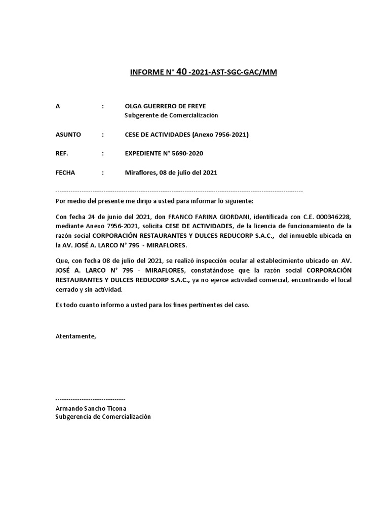 Informe de Cese | PDF