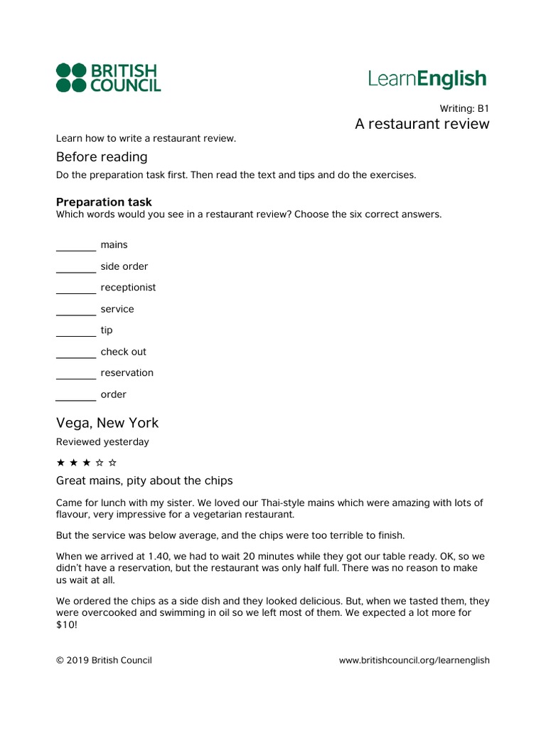 Writing B1 A Restaurant Review | PDF | Waiting Staff | Cooking
