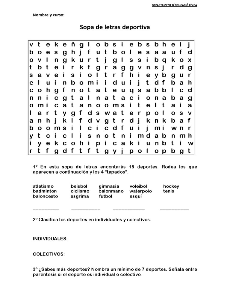 Sopa de Letras de Deportes para Imprimir | PDF