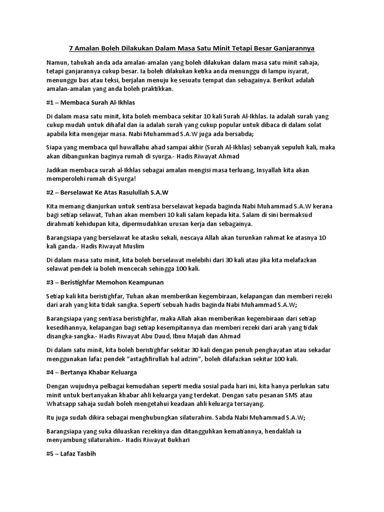 7 Amalan Boleh Dilakukan Dalam Masa Satu Minit Tetapi Besar Ganjarannya | PDF