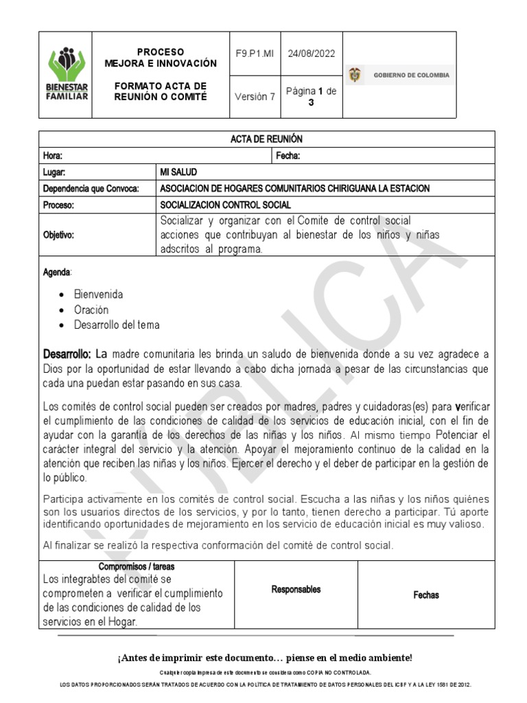 Acta de CONTROL SOCIAL | PDF | Educación de la primera infancia