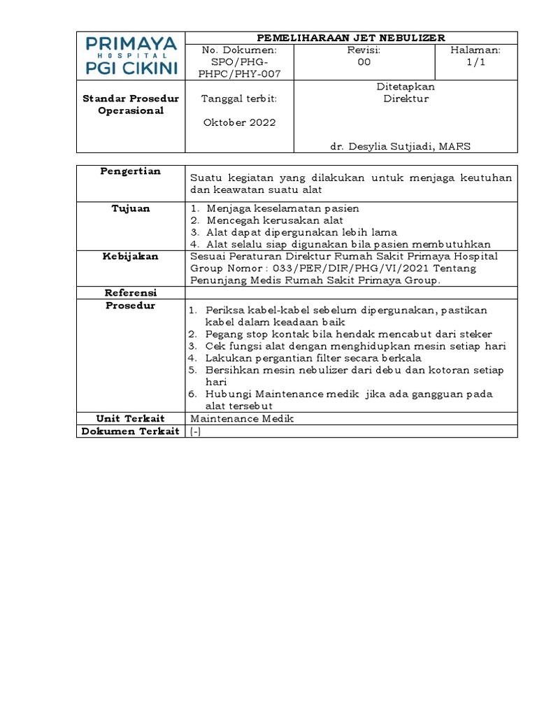 Spo Pemeliharaan Jet Nebulizer | PDF